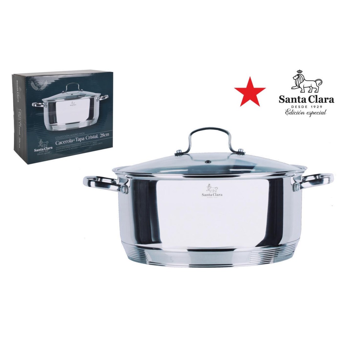 CACEROLA ALTA INOX C/TAPA CRISTAL 28CM SANTA CLARA
